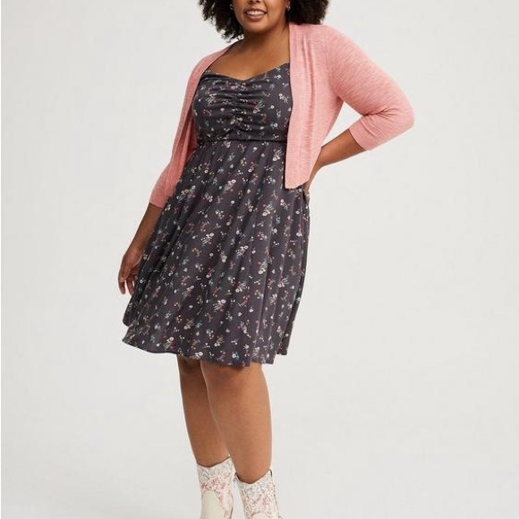 torrid | Dresses | Torrid Black Floral Midi Dress With Pink Cardigan ...